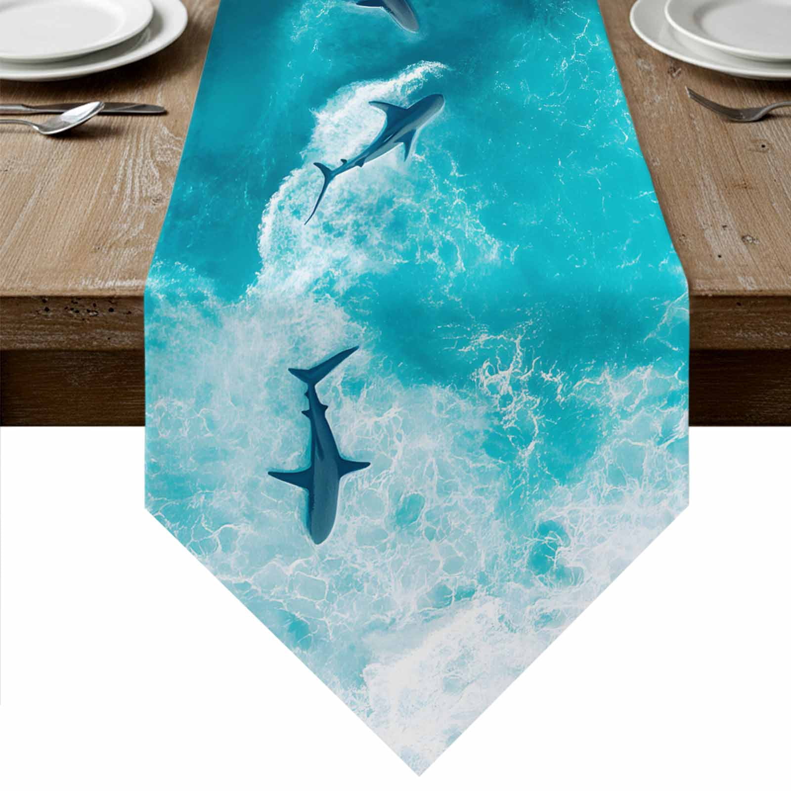 Blue Ocean Shark Table Runner Linen Burlap Table Runner 72 Inches Long ...