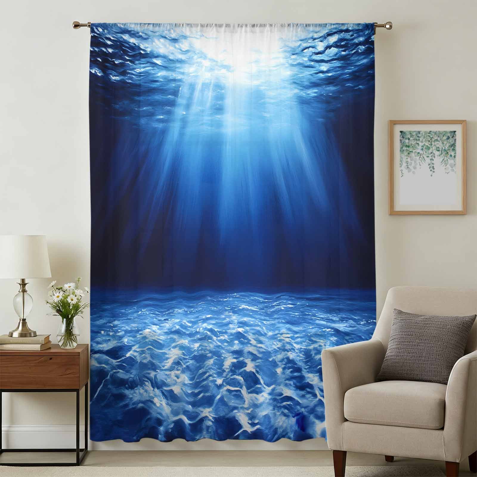 Blue Ocean Sheer Curtains 108" Extra Long, Underwater Water Waves ...