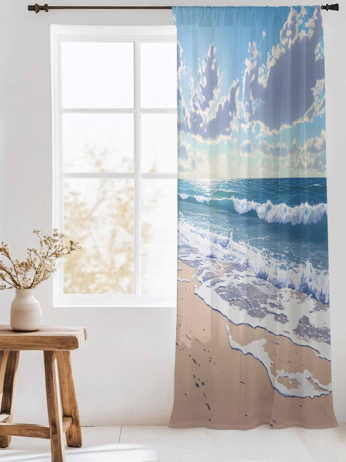 Blue Ocean Sheer Curtains 108 Inch Long 1 Panel Waves Beach Cloudy Sky ...