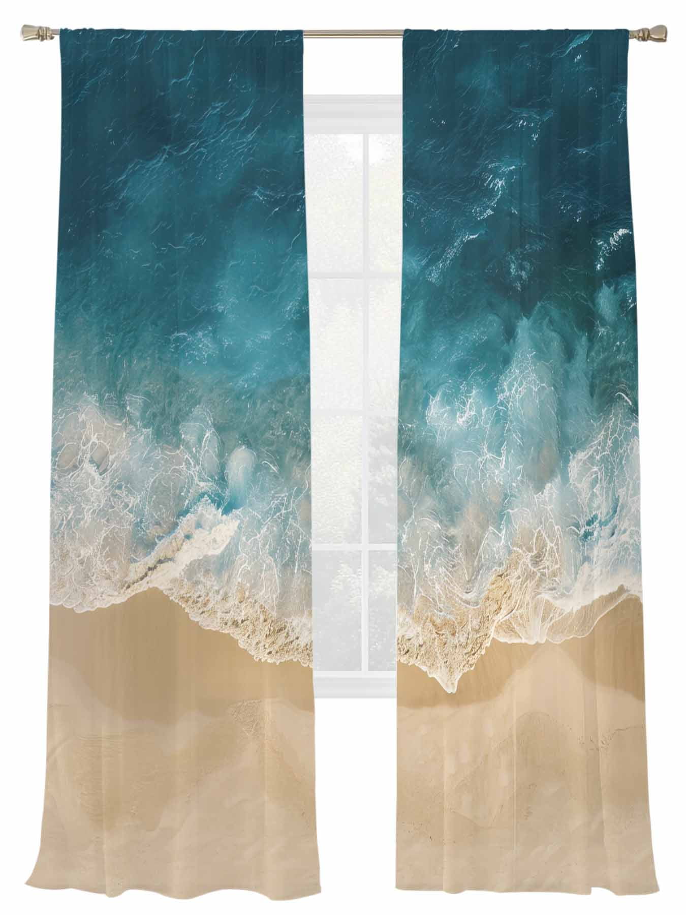 Blue Ocean Sheer Curtains 2 Panels Set Beach Wave Pattern Sheer Window ...
