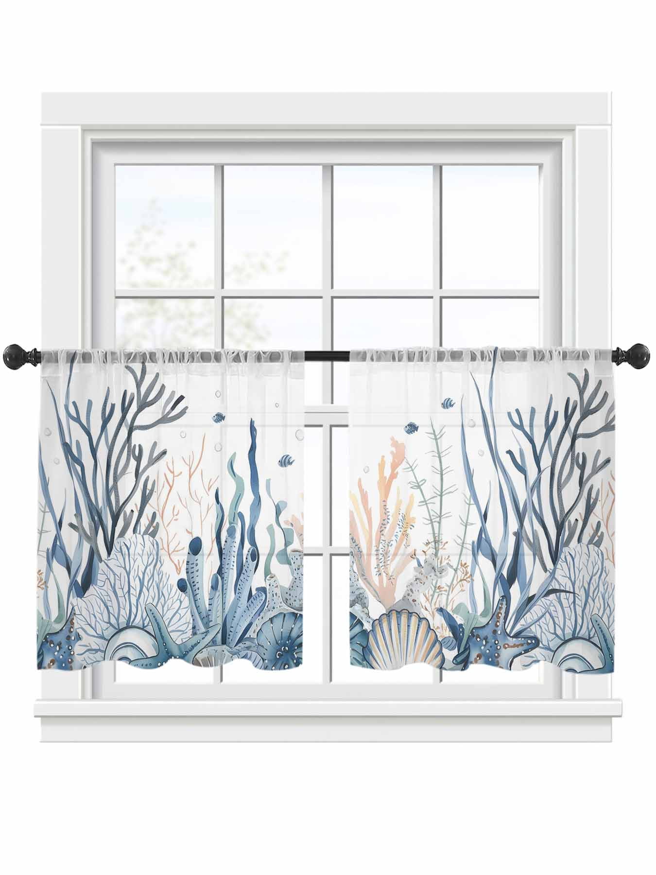 Blue Ocean Sheer Curtains 2 Panels Set Coral Starfish Seagrass Fish ...
