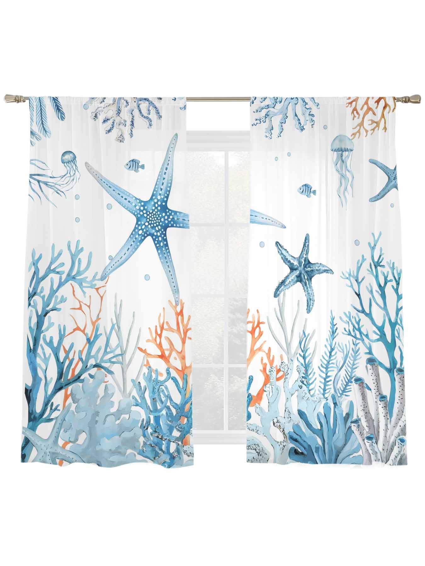 Blue Ocean Sheer Curtains 2 Panels Set Starfish Fish Jellyfish Sheer ...