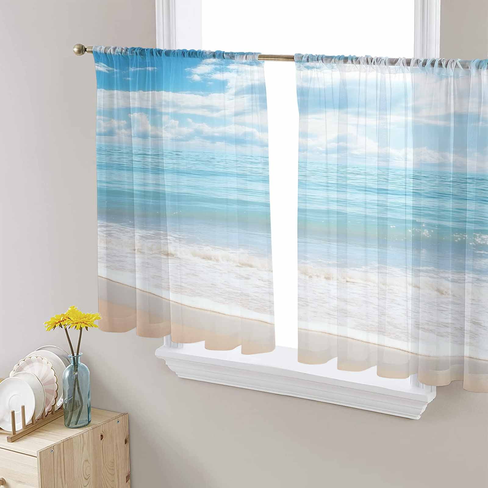 Blue Ocean Sheer Curtains 45 Inch Length 2 Panels Set for Living Room ...