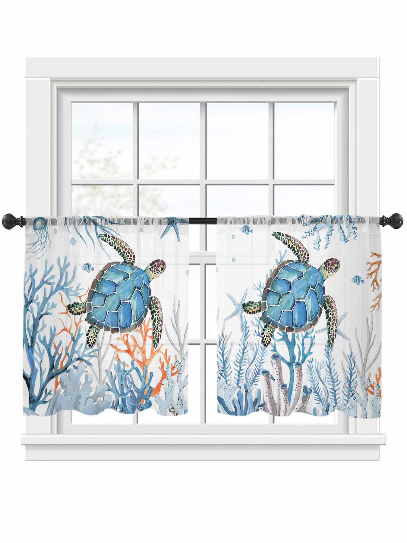 Blue Ocean Sheer Curtains 54 Inch Long 2 Panels, Sea Turtle Fish ...