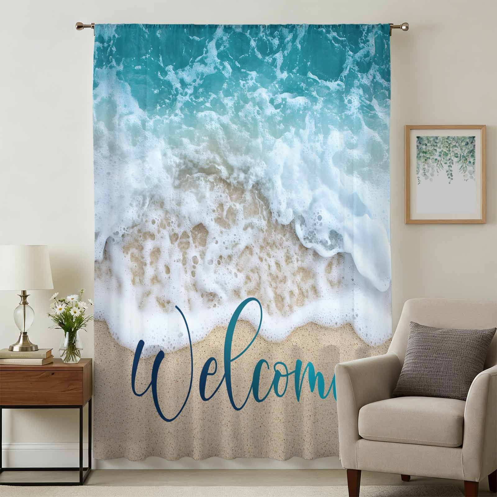 Blue Ocean Sheer Curtains 54 Inches Long, Yellow Beach Coastal Nature ...
