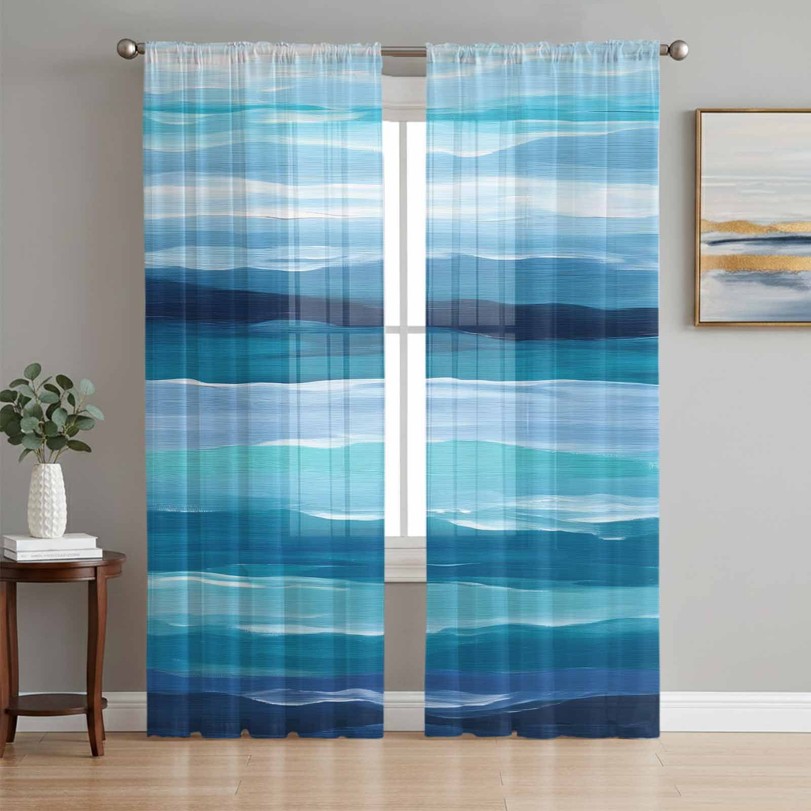 Blue Ocean Sheer Curtains 63 Inch Length 2 Panels Set, Beach Blue Green ...