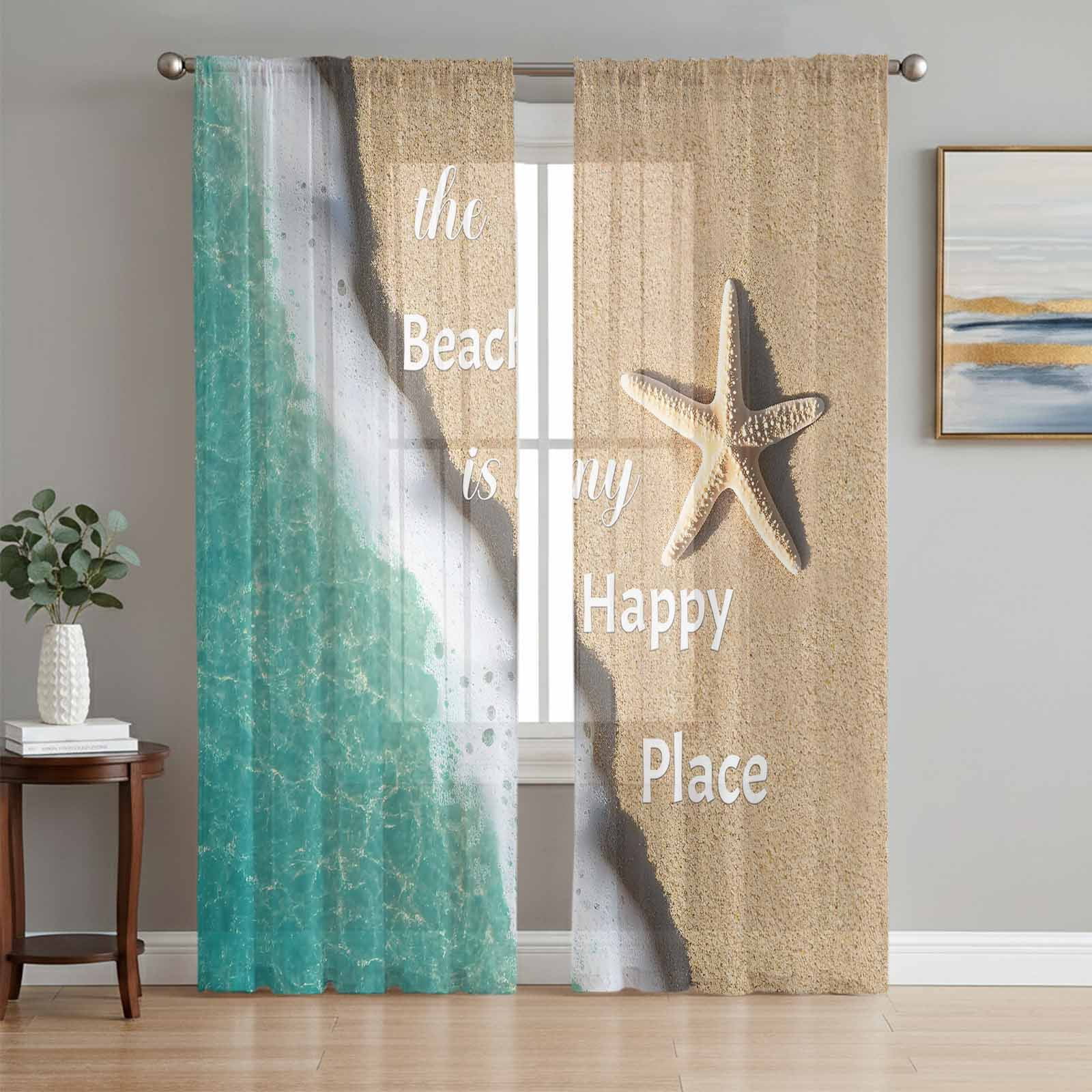 Blue Ocean Sheer Curtains 84 Inch Length 2 Panels Set, Beige Starfish ...