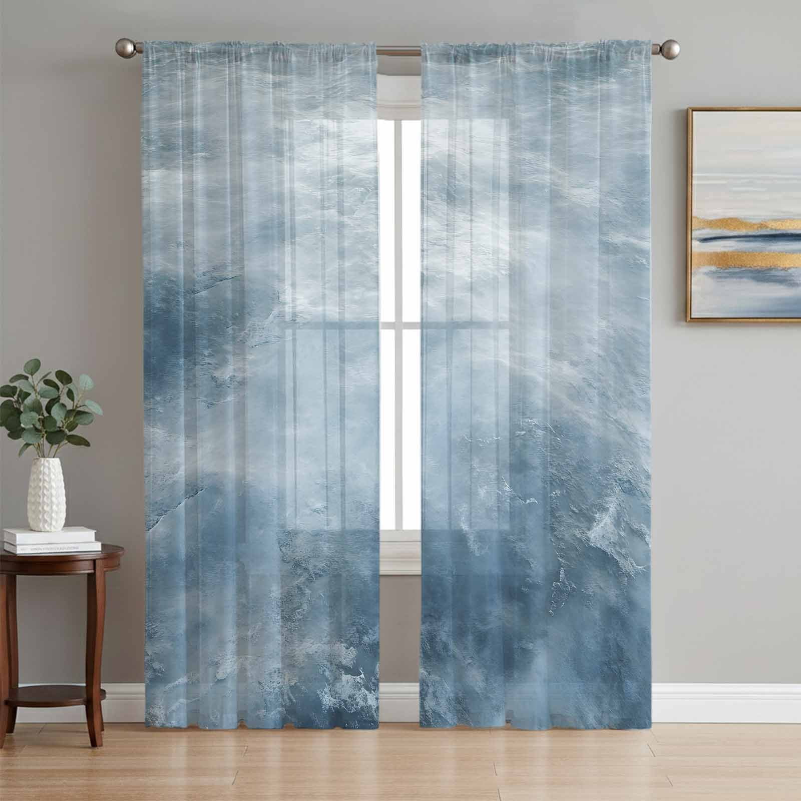 Blue Ocean Sheer Curtains 84 Inch Length 2 Panels Set, Modern Waves ...