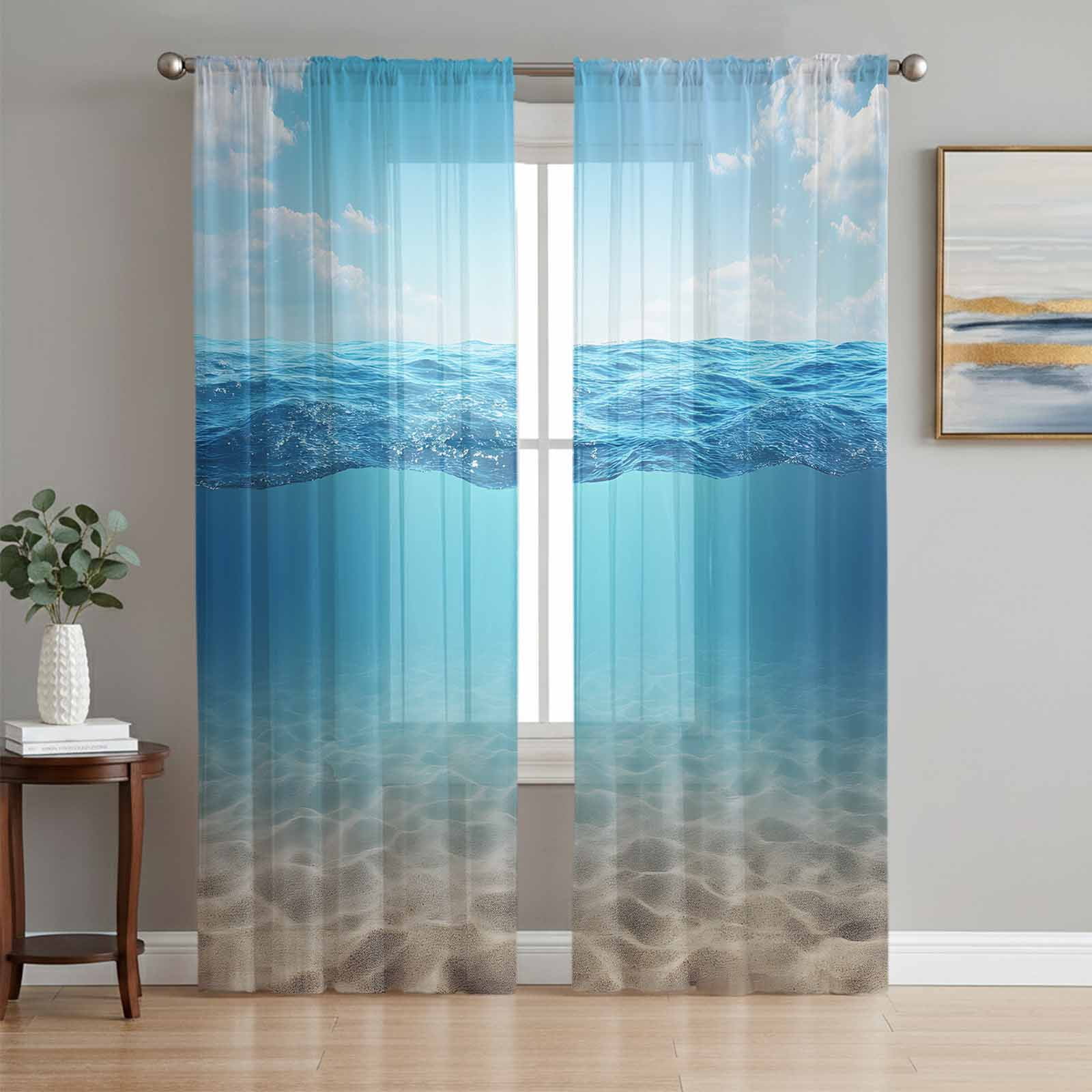 Blue Ocean Sheer Curtains 84 Inch Length 2 Panels Set, Summer Beach Sky ...