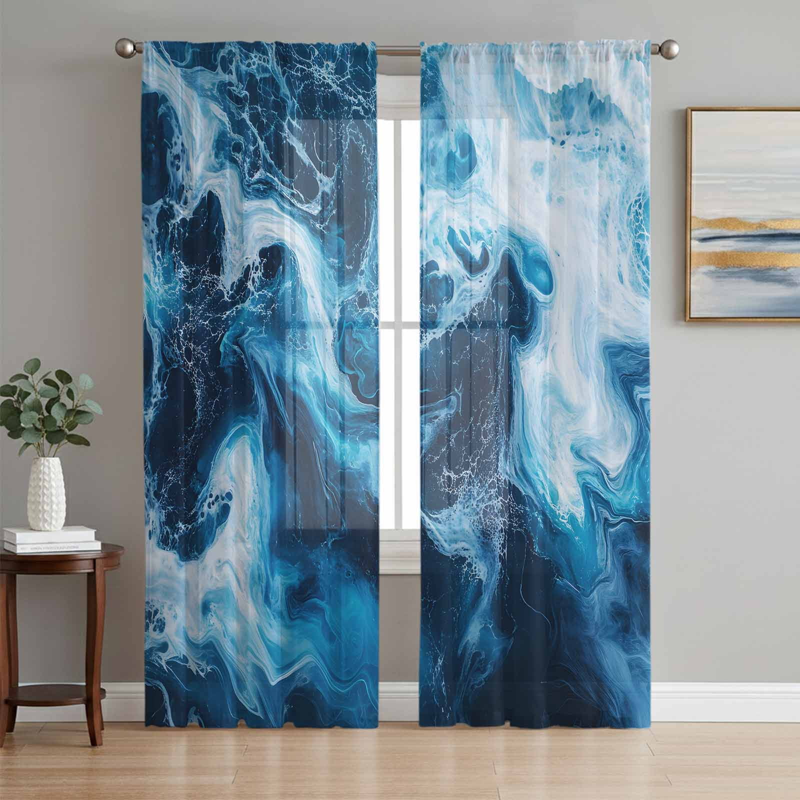Blue Ocean Sheer Curtains 84 Inch Length 2 Panels Set, White Seawater ...