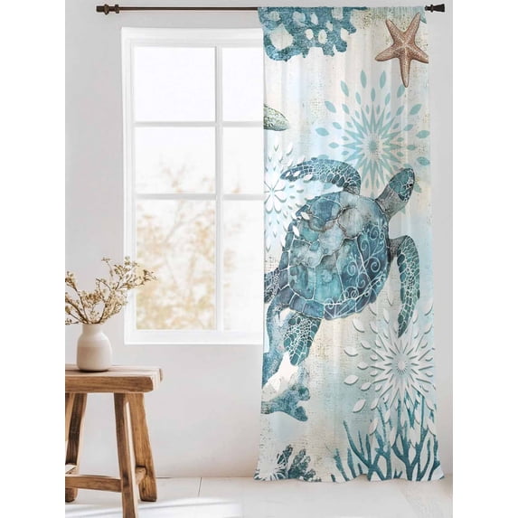 Blue Ocean Sheer Curtains 84 Inch Long 1 Panel Sea Turtle Coral ...