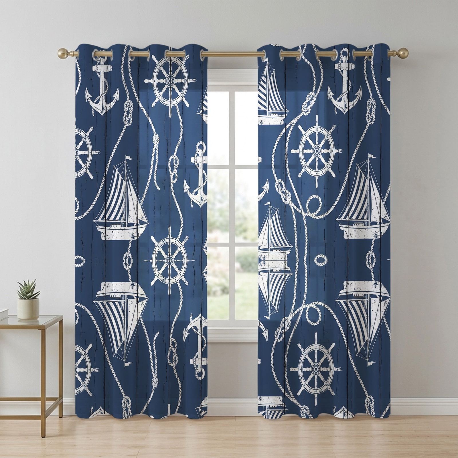 Blue Ocean Sheer Curtains 90 Inch Long 2 Panels, Rustic Nautical ...