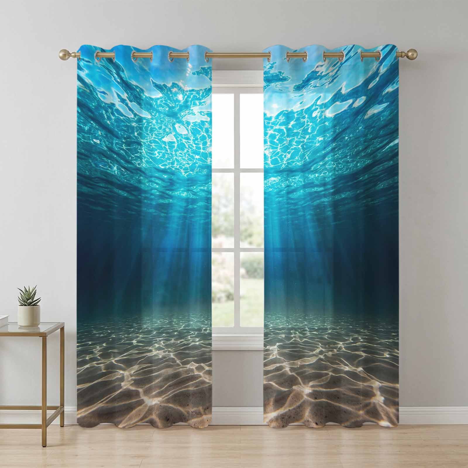 Blue Ocean Sheer Curtains 96 Inch Long 2 Panels, Underwater World Clear ...