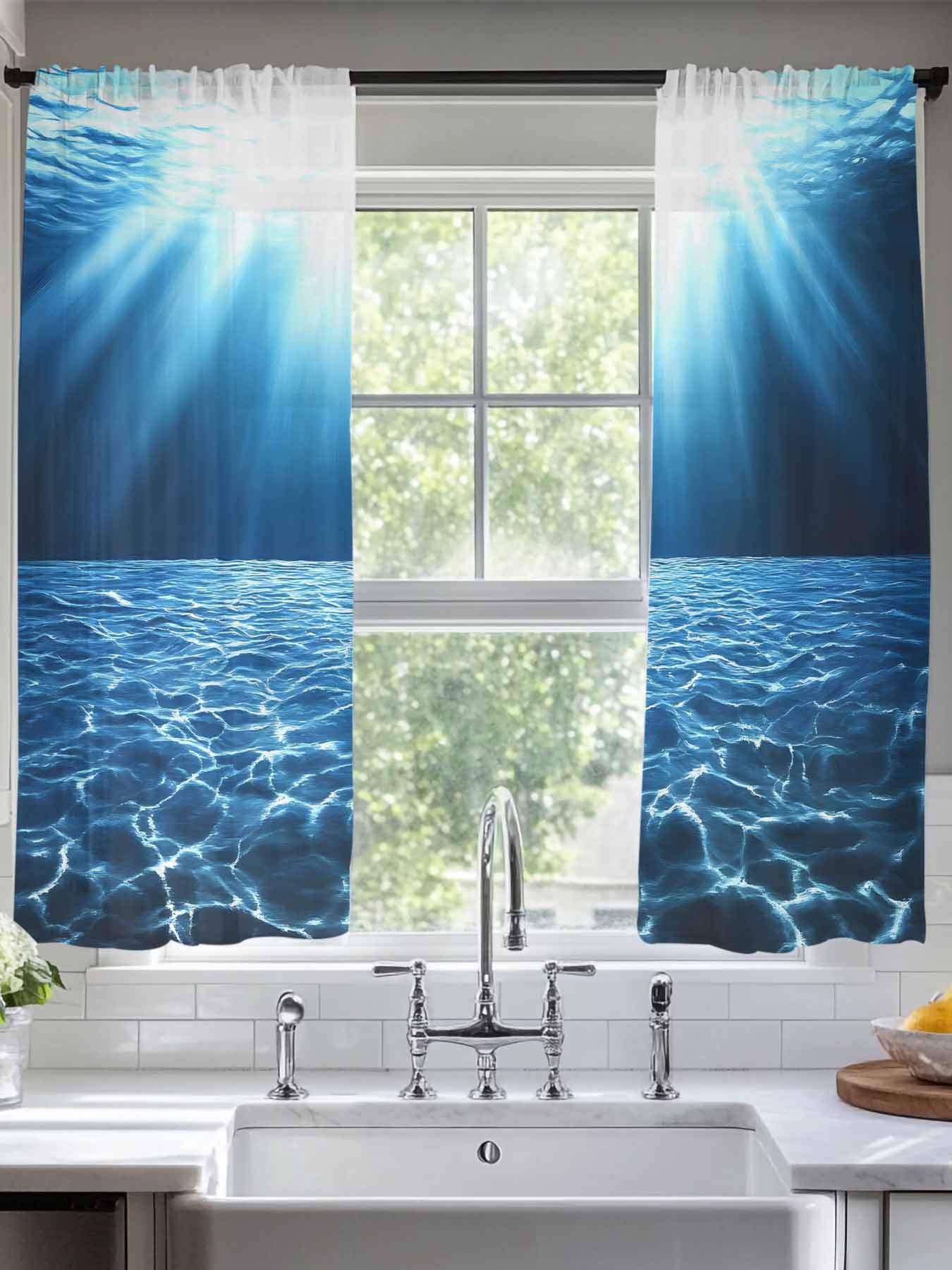 Blue Ocean Sheer Curtains for Living Room Bedroom Beach Summer Coastal ...