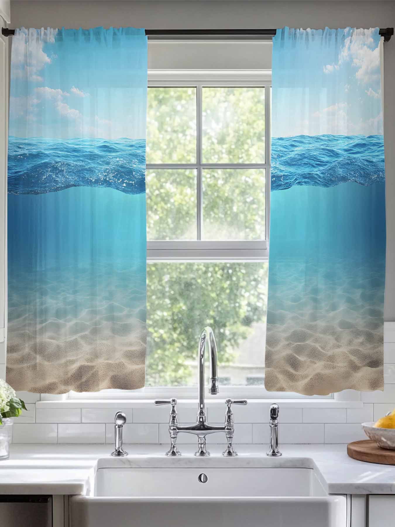 Blue Ocean Sheer Curtains for Living Room Bedroom Summer Beach Sky ...
