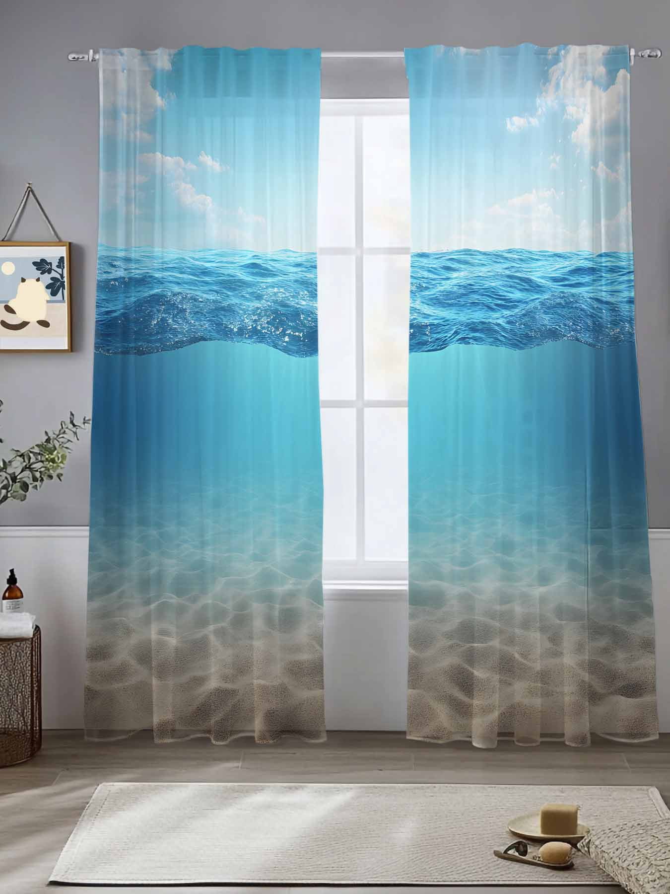 Blue Ocean Sheer Curtains for Living Room Bedroom Summer Beach Sky ...