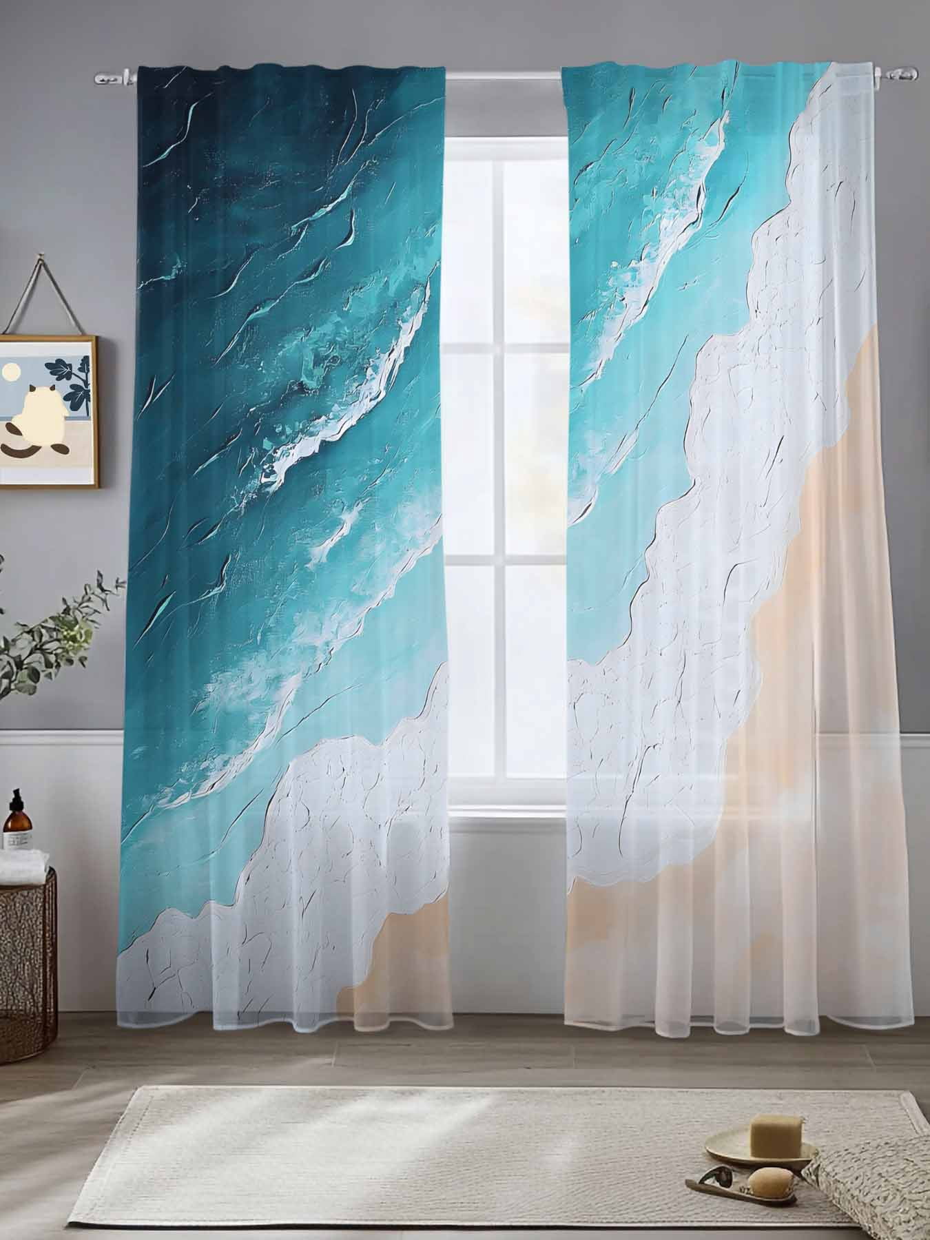 Blue Ocean Sheer Curtains for Living Room Bedroom Summer Ombre Beach ...