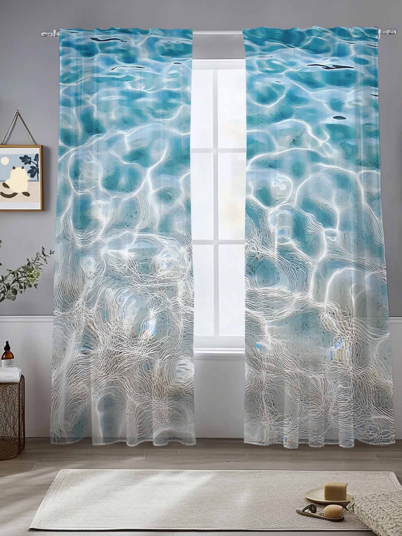 Blue Ocean Sheer Curtains for Living Room Bedroom Underwater Sea Waves ...
