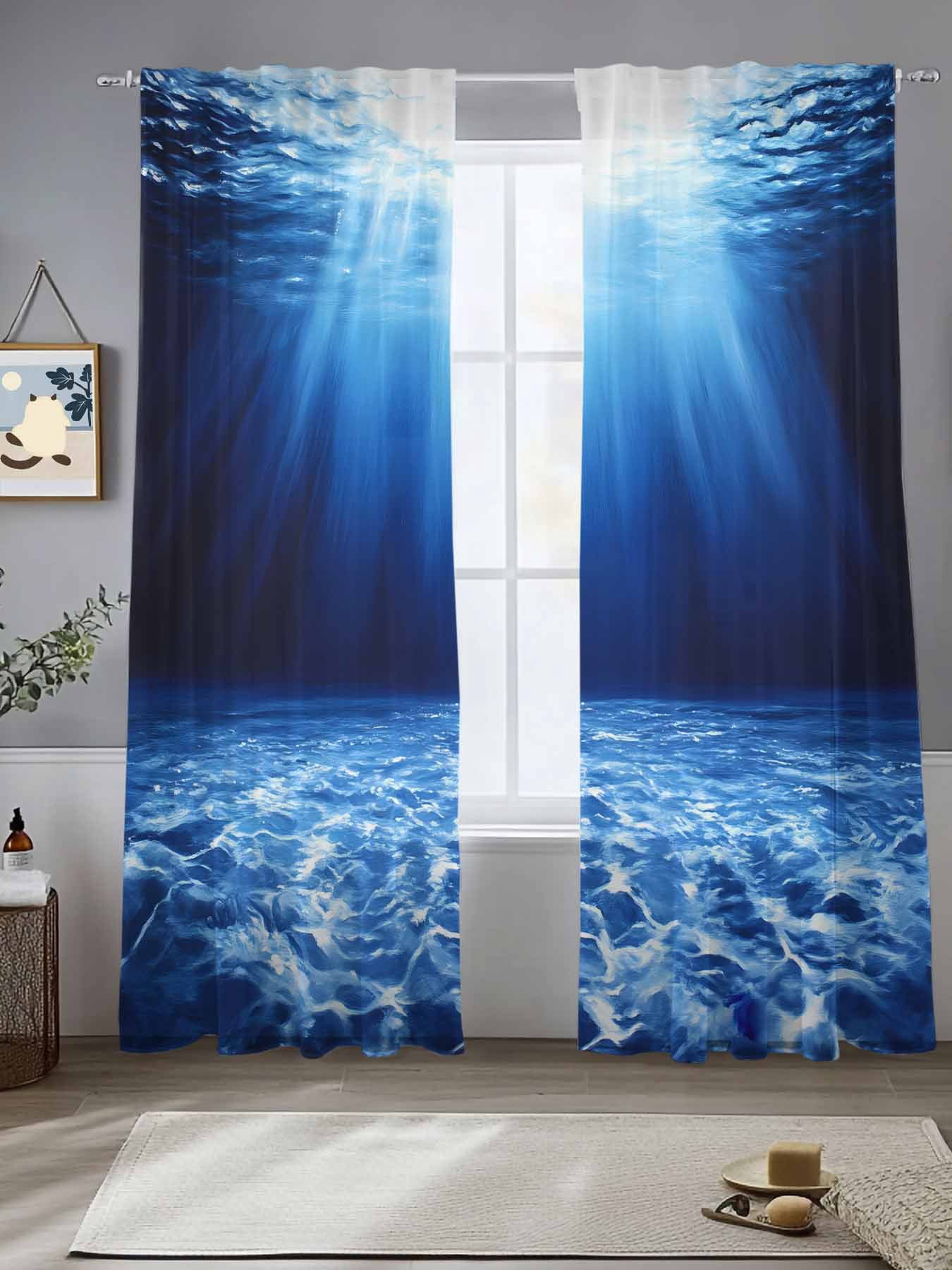 Blue Ocean Sheer Curtains for Living Room Bedroom Underwater Water ...