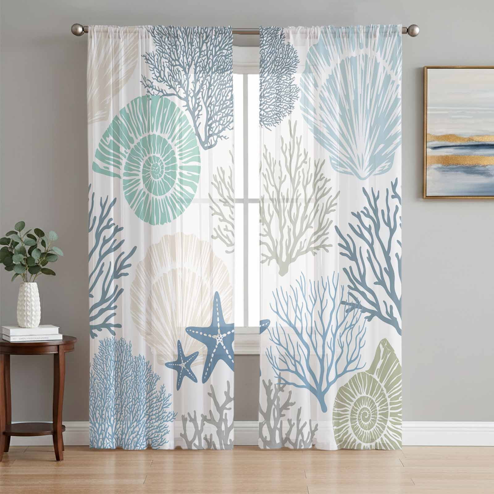 Blue Ocean Shells Coral Chiffon Sheer Curtains 84 Inches Long, Conch ...
