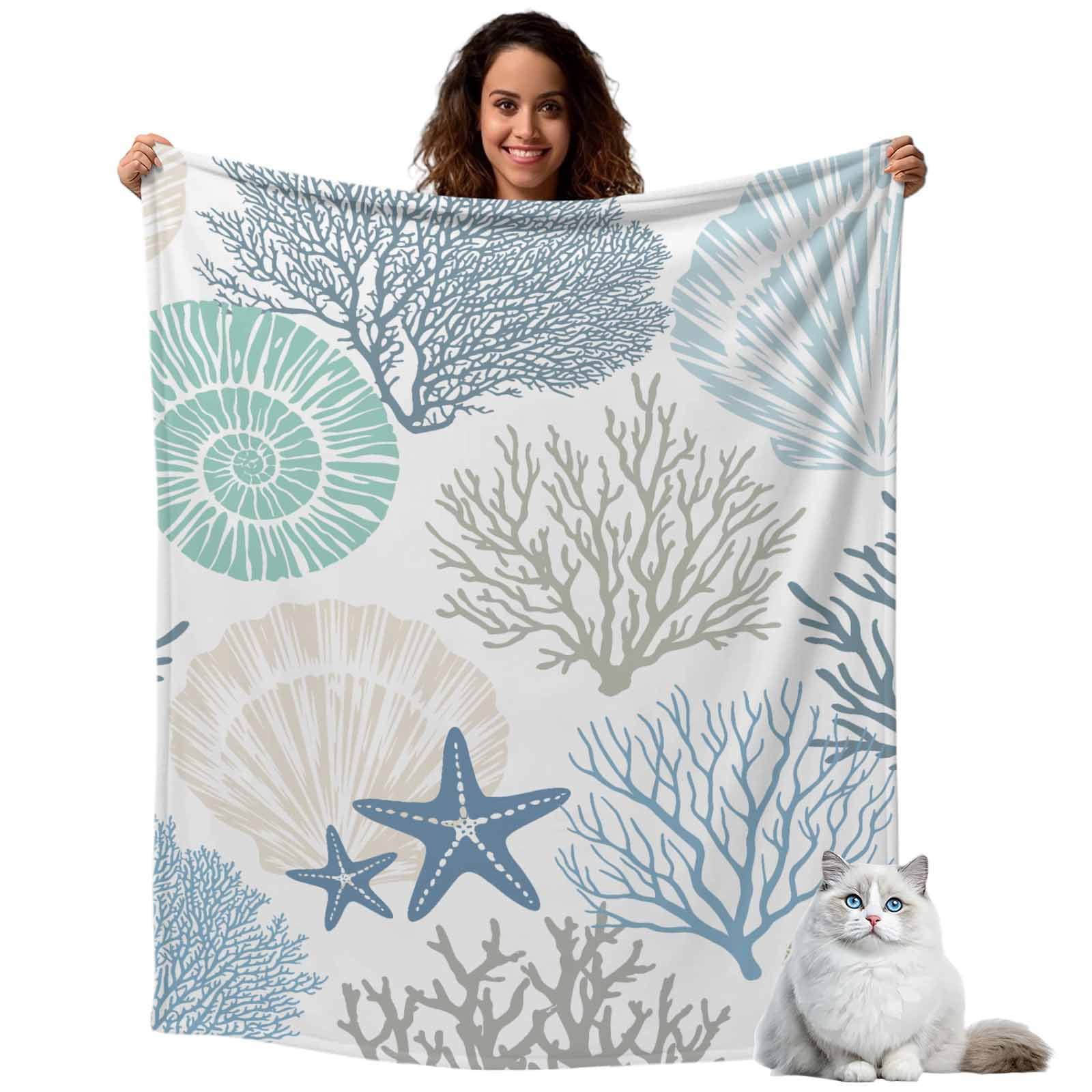Blue Ocean Shells Coral Throw Blanket Flannel Fleece Throws, Conch ...