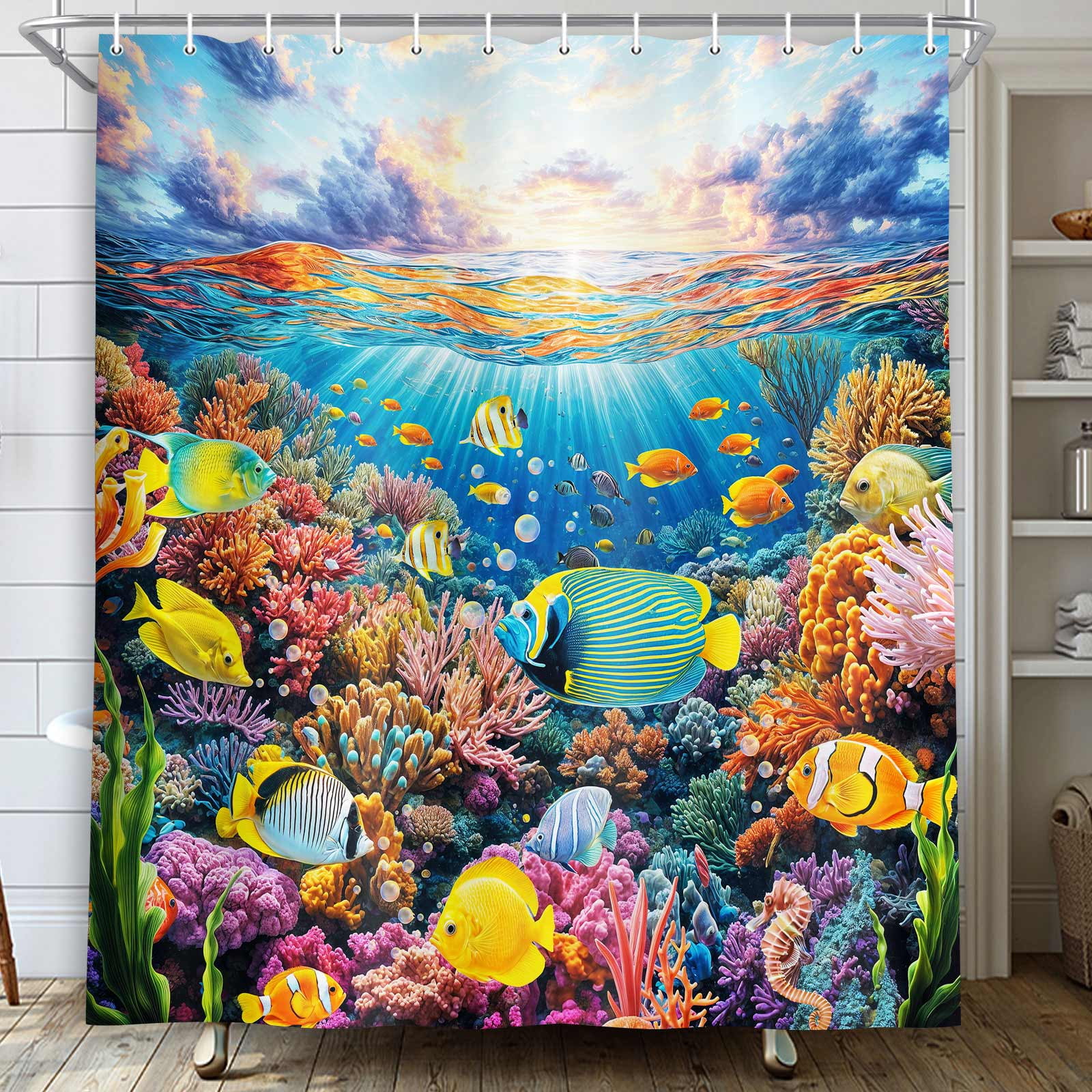 Blue Ocean Shower Curtain for Bathroom, Fish Underwater World Kids Bath ...