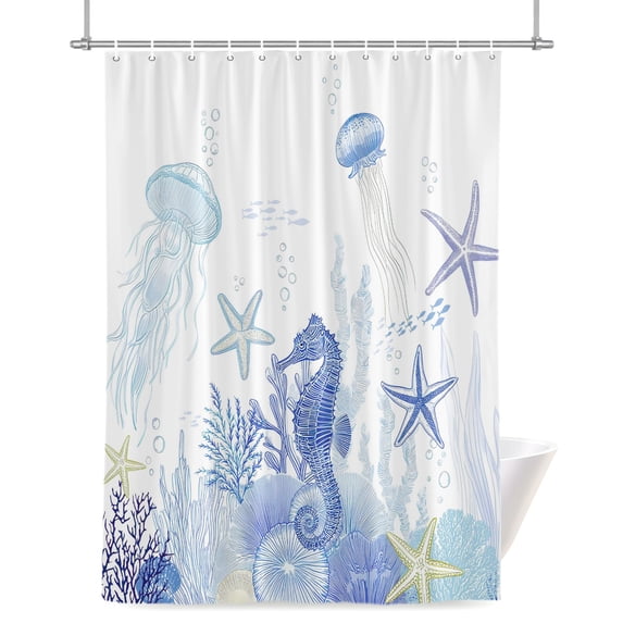 Blue Ocean Shower Curtain, Seahorses Jellyfish Starfish Watercolor ...