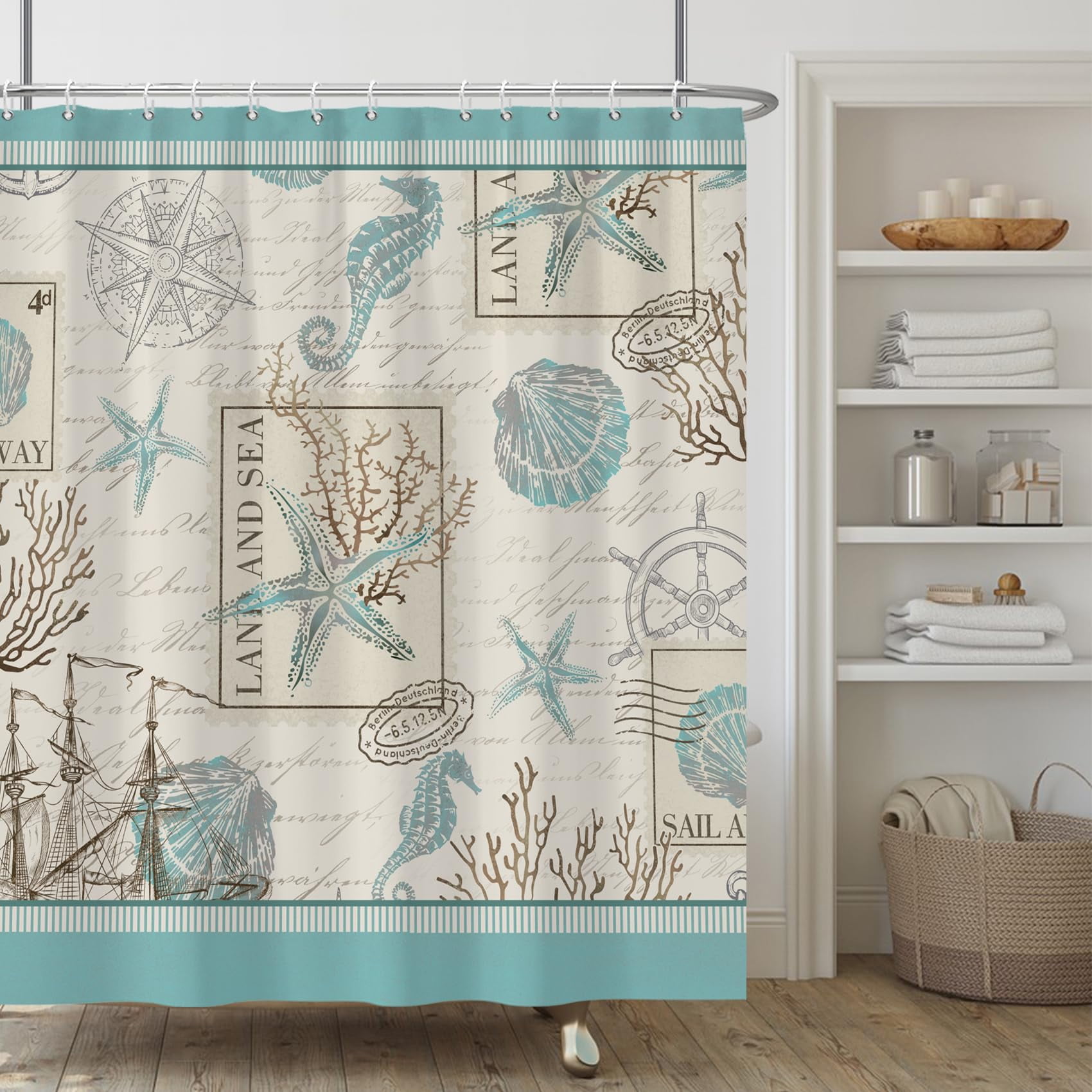 Blue Ocean Shower Curtain, Starfish Coral Nautical Coastal Shower ...