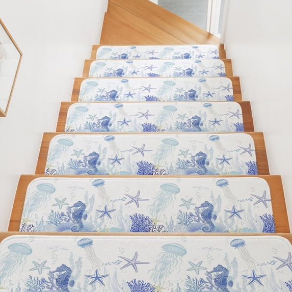 Blue Ocean Stair Treads Non Slip for Steps Seahorses Jellyfish Starfish ...