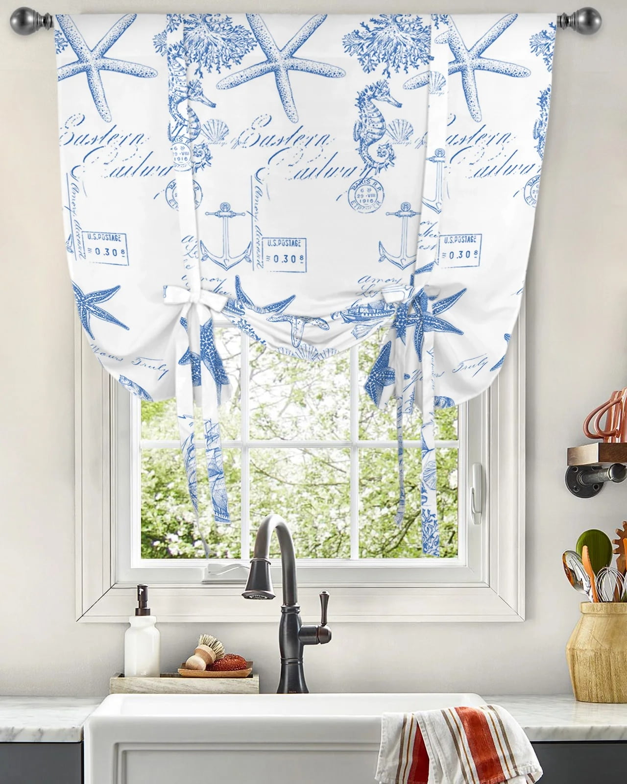 Blue Ocean Star Conch Anchor Curtain for Living Room Kitchen Tie-up Short Curtains Adjustable ...