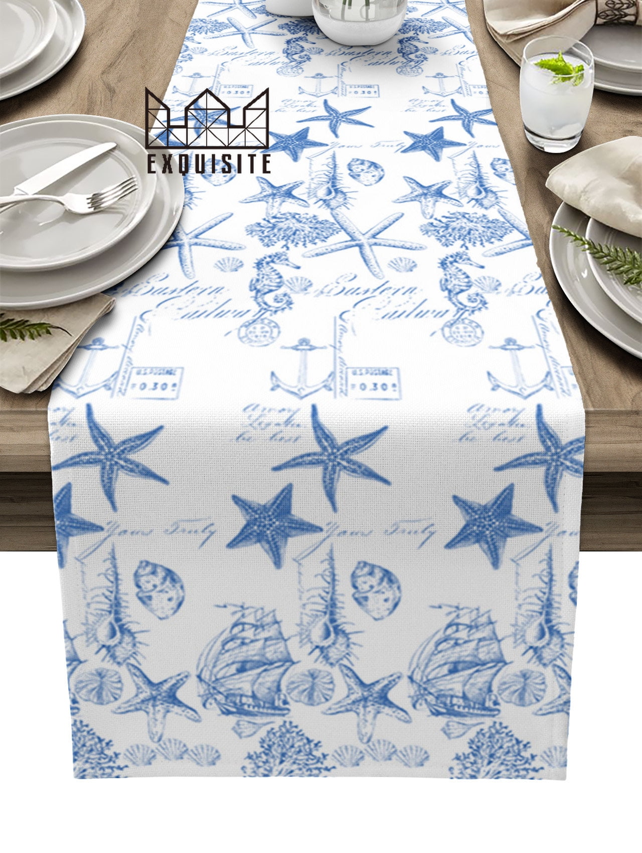 Blue Ocean Star Conch Anchor Table Runner Wedding Party Dining Table ...