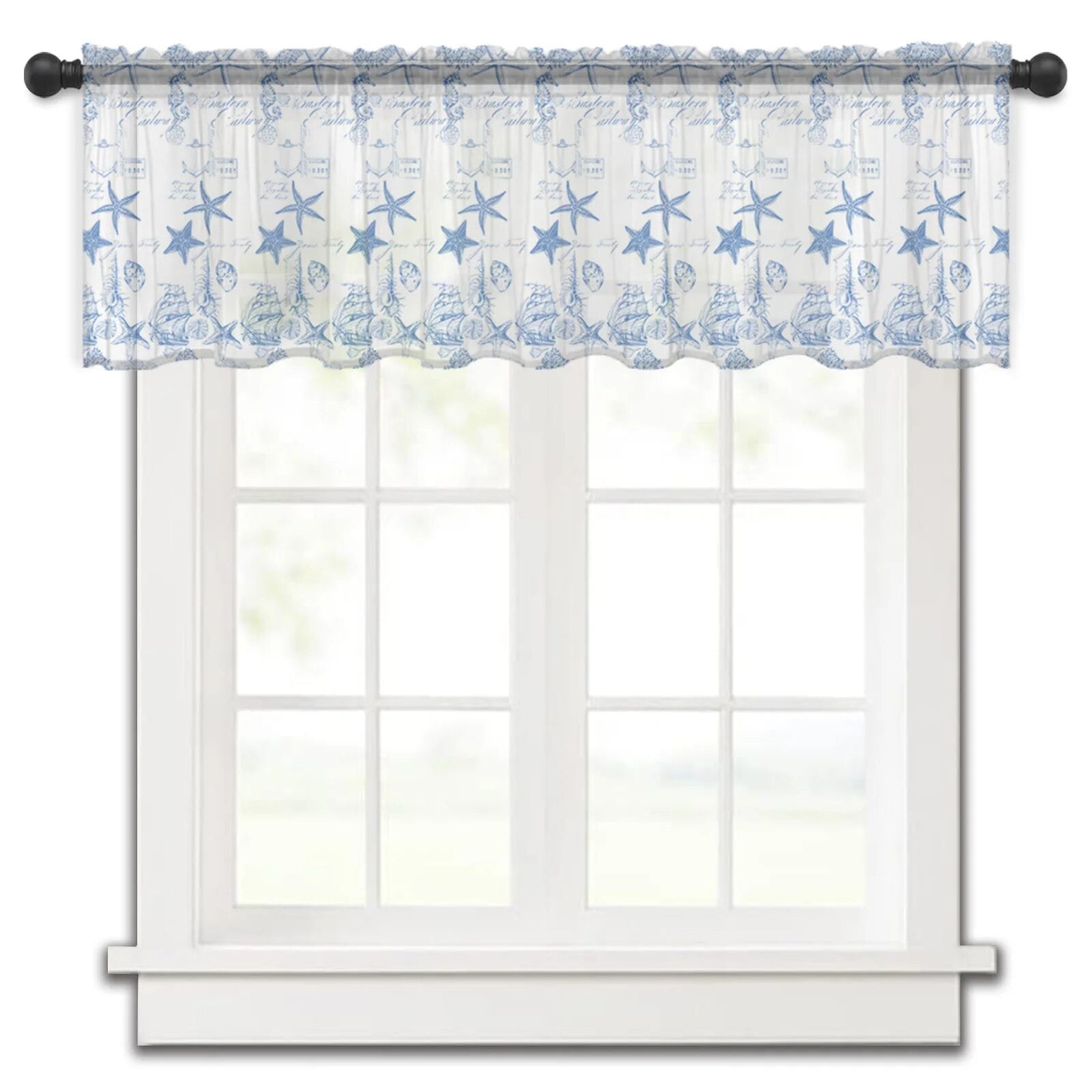 Blue Ocean Star Shell Coral Kitchen Small Curtain Tulle Sheer Short ...