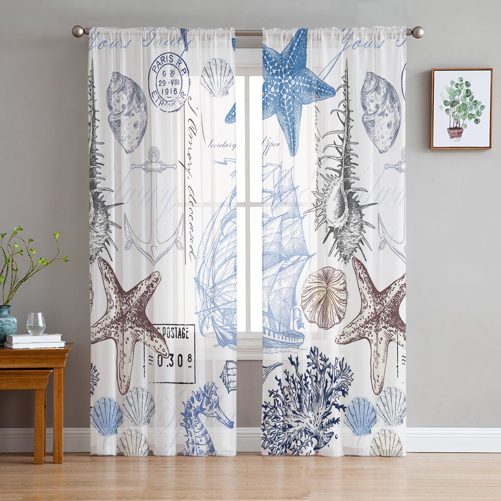 Blue Ocean Star Shell Coral Tulle Curtains for Living Room Bedroom ...