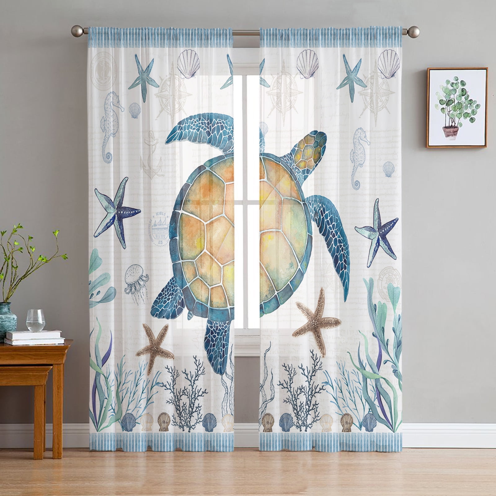 Blue Ocean Star Shell Coral Tulle Curtains for Living Room Bedroom ...
