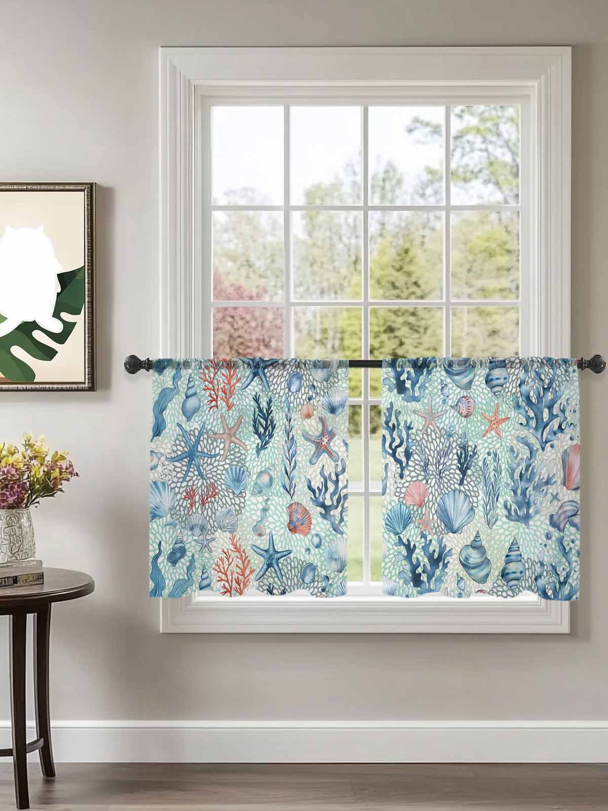 Blue Ocean Starfish Coral Shell Conch Chiffon Sheer Curtains 54 Inches ...