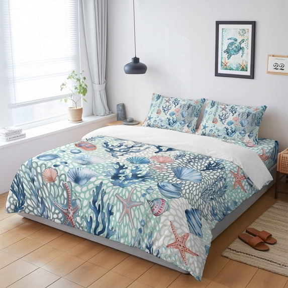 Blue Ocean Starfish Coral Shell Conch King Size Bed Set,Marine Life ...