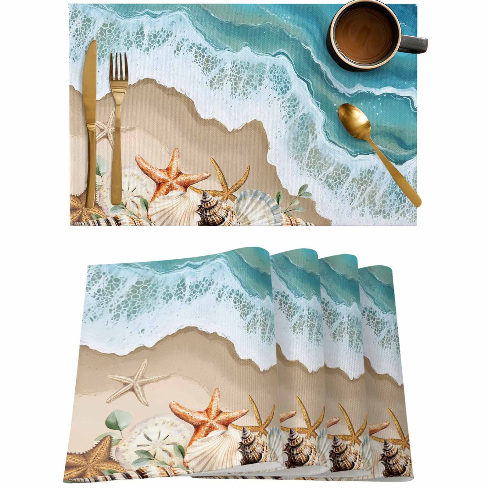 Blue Ocean Summer Beach Shells Starfish Placemats Set of 4,Wipeable ...