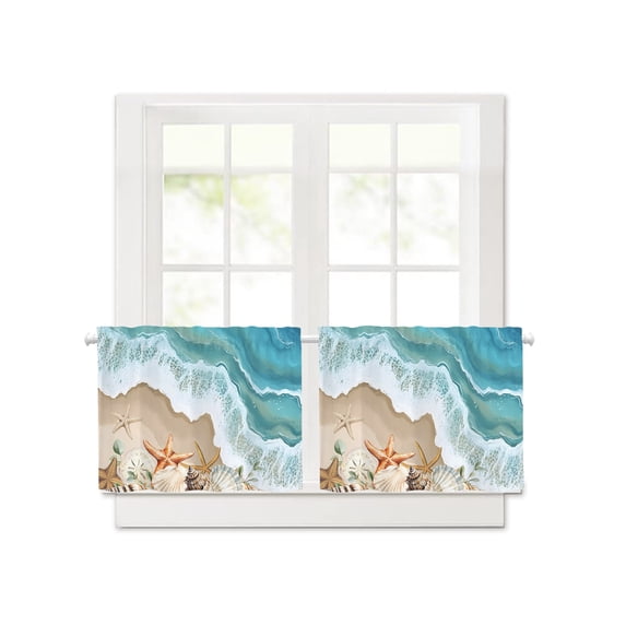 Blue Ocean Summer Beach Shells Starfish Short Blackout Curtains 24 Inch ...