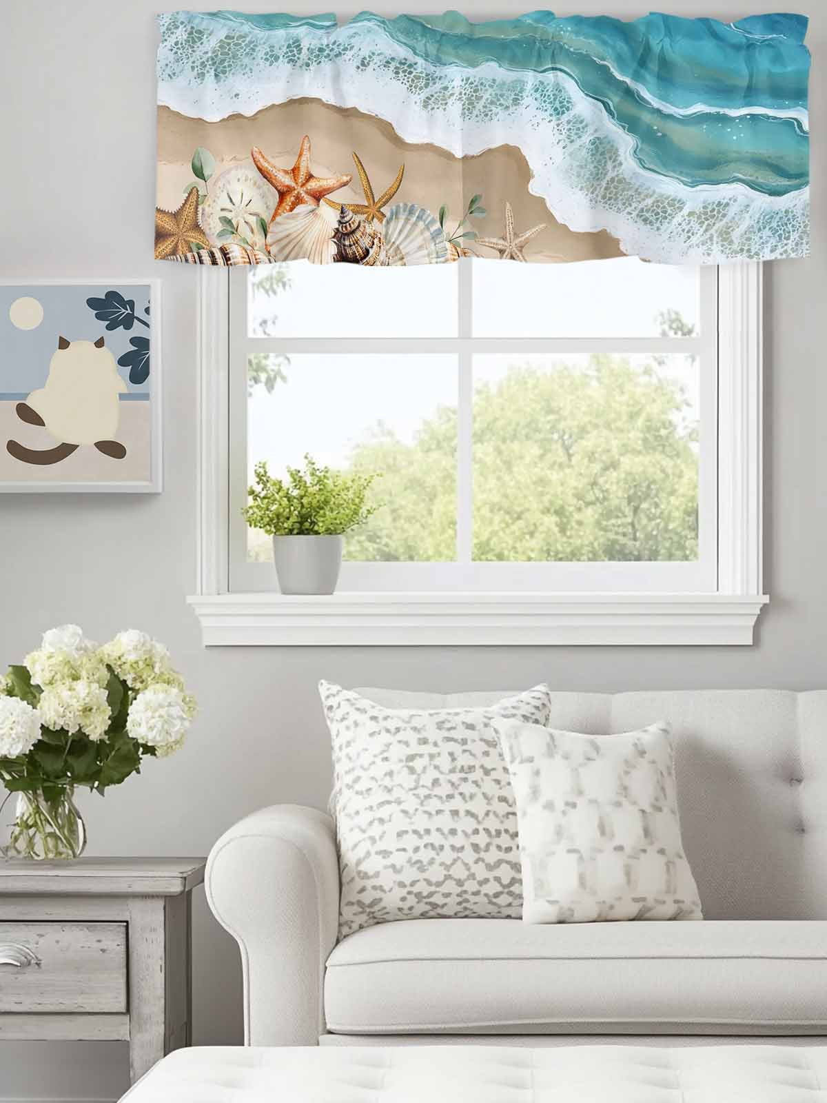 Blue Ocean Summer Beach Shells Starfish Valances for Windows,Rod Pocket ...
