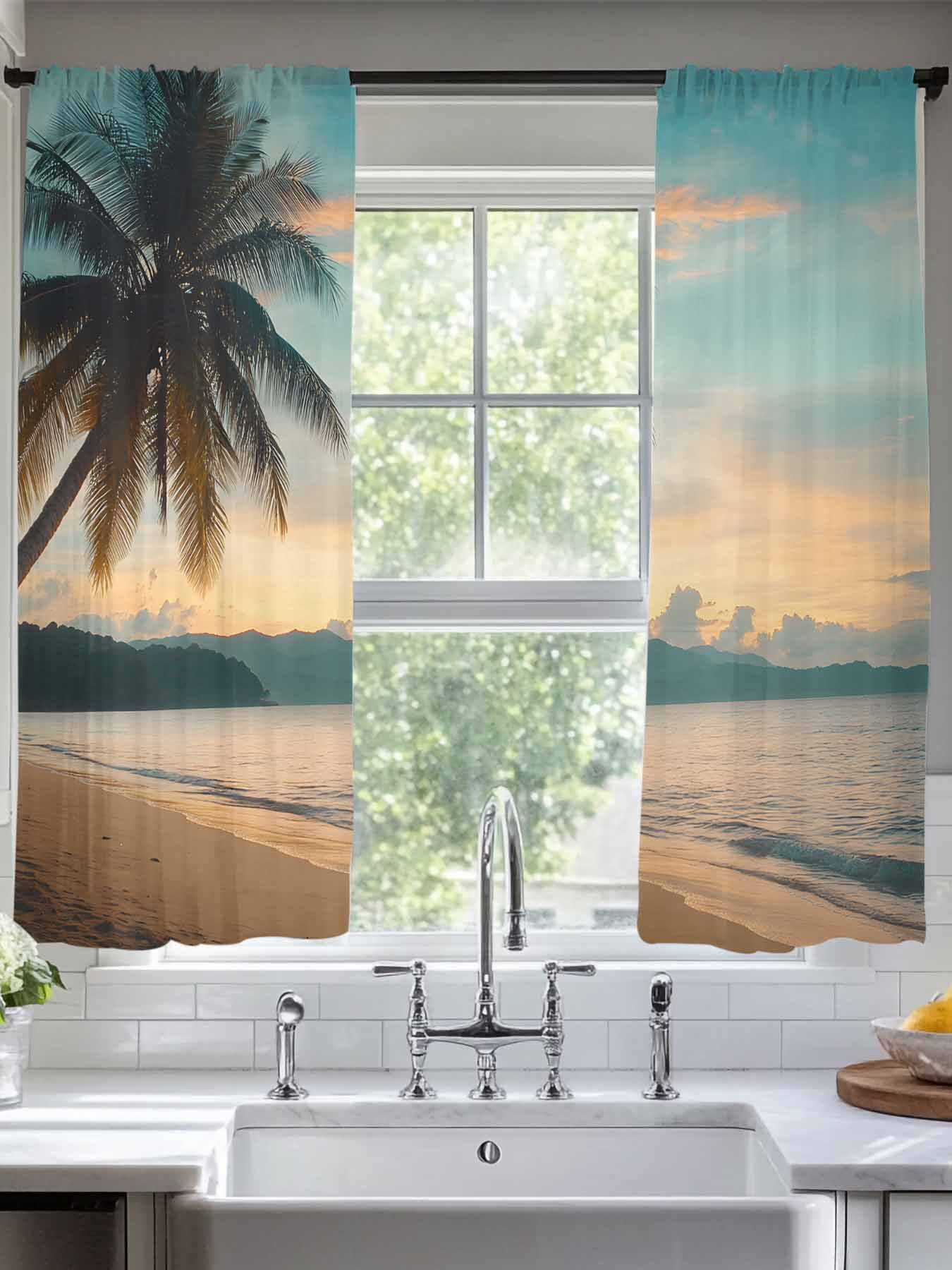 Blue Ocean Summer Coconut Tree Chiffon Sheer Curtains 63 Inches Long ...
