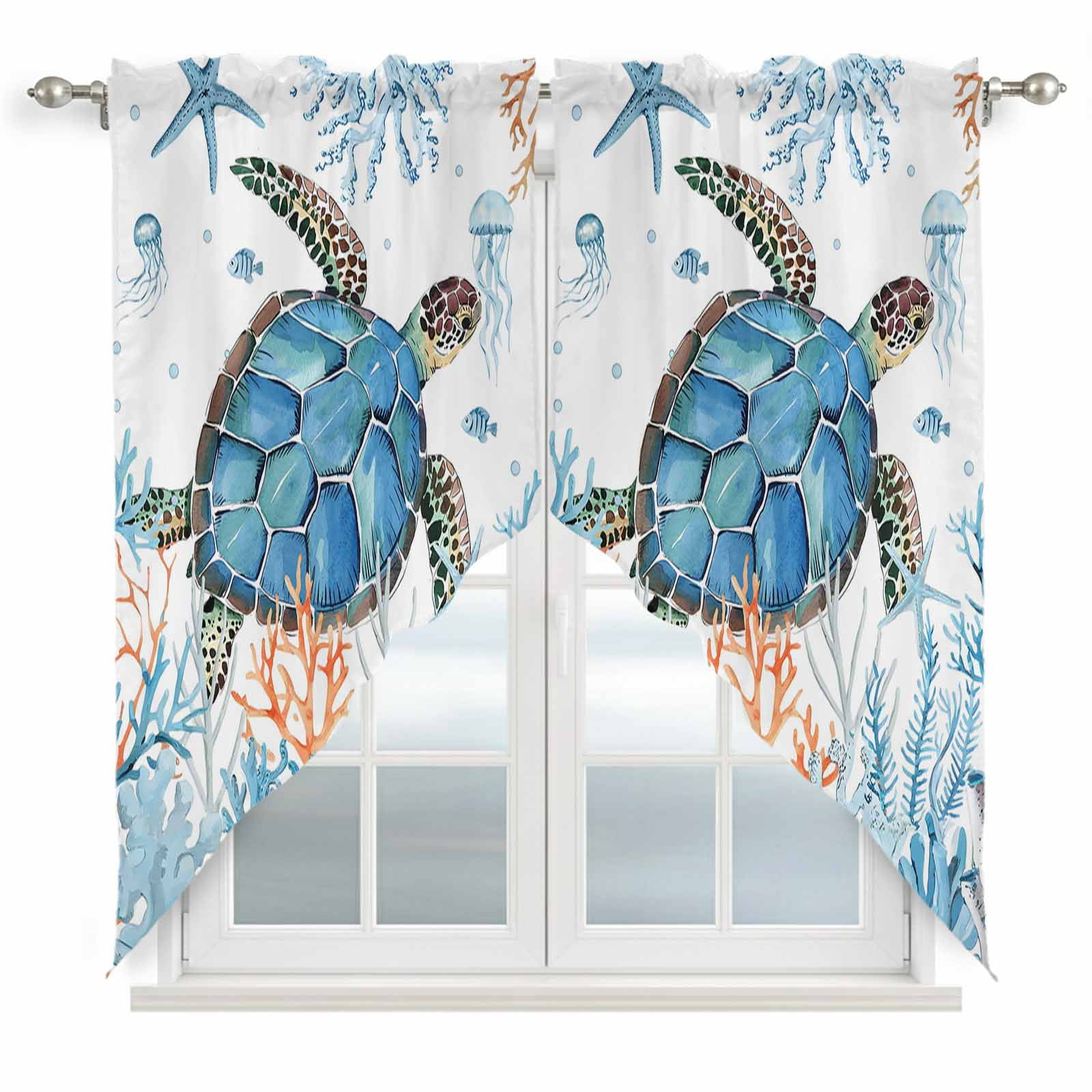 Blue Ocean Swag Curtain Valance for Window 2 Panels Sea Turtle Fish ...