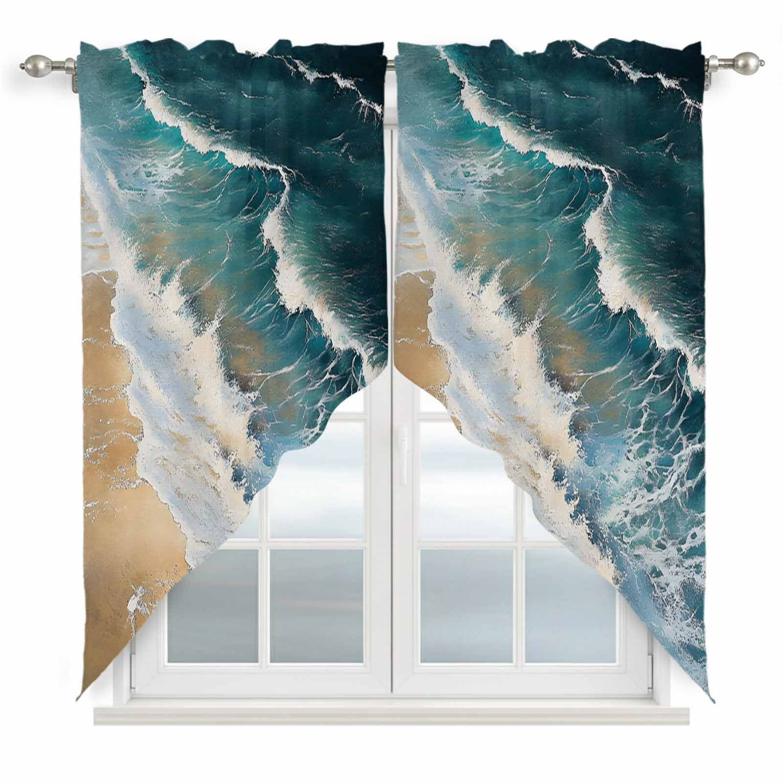 Blue Ocean Swag Curtain Valance for Window 2 Panels Wave Texture Beach ...