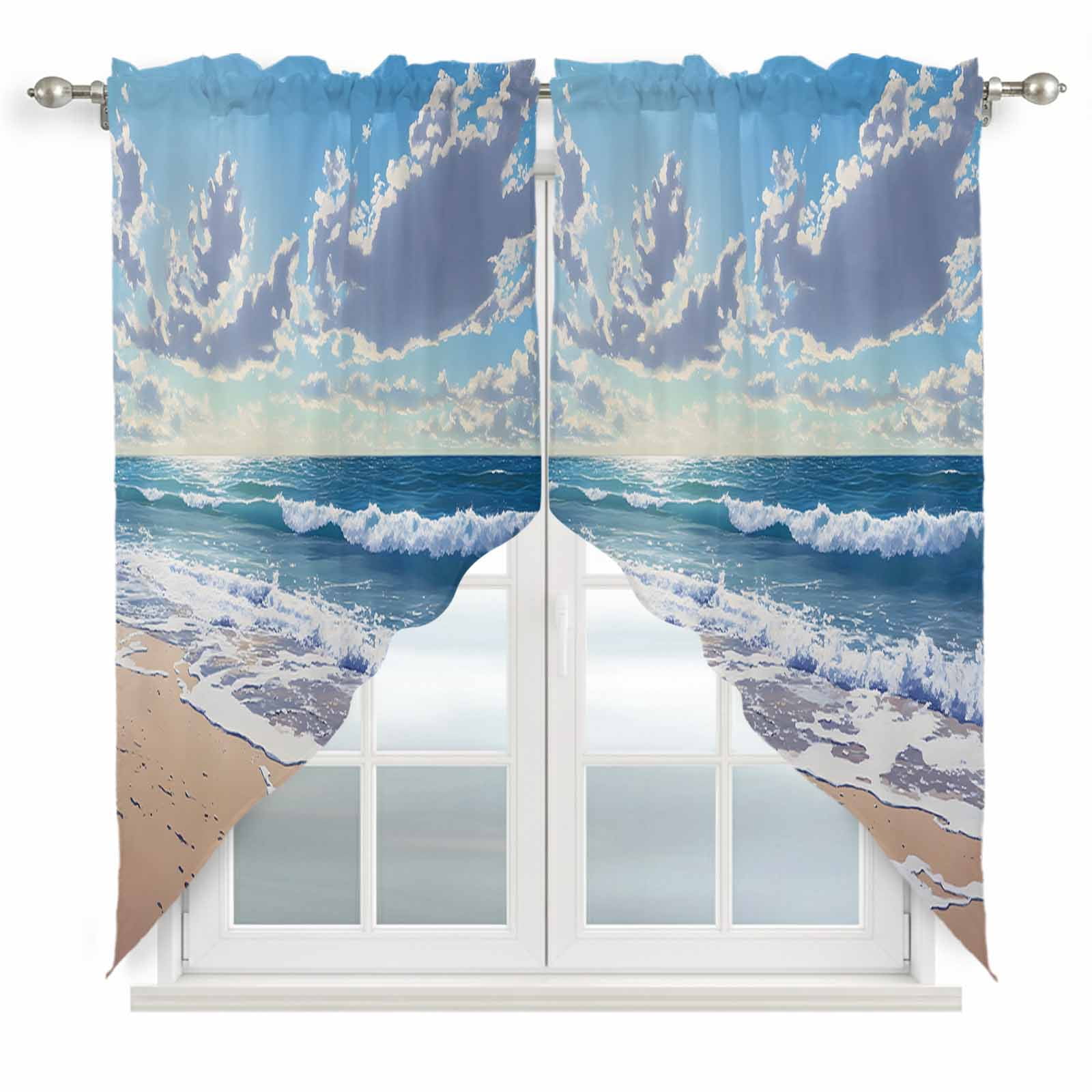 Blue Ocean Swag Curtain Valance for Window 2 Panels Waves Beach Cloudy ...