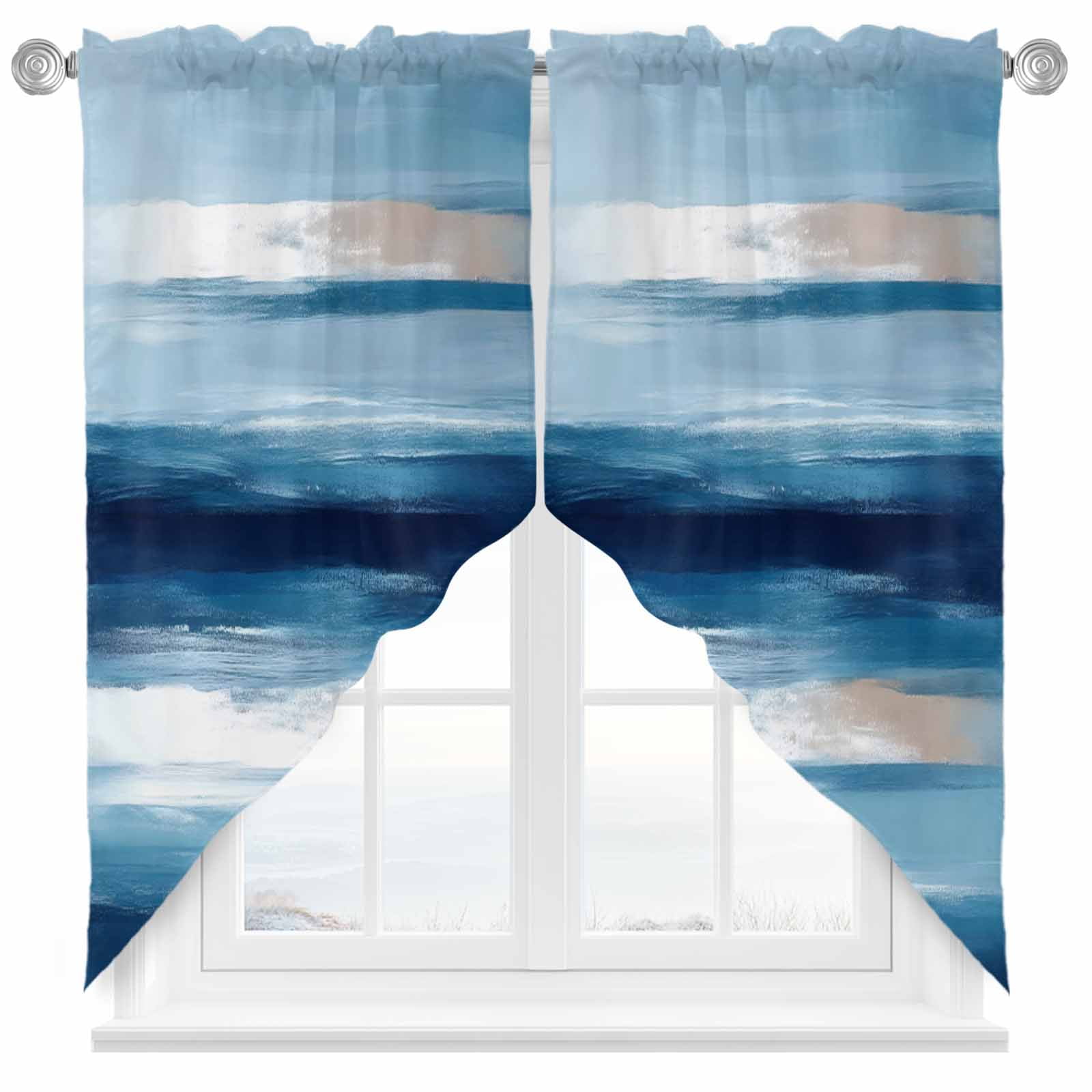 Blue Ocean Swag Curtain Valance for Windows, Retro Watercolor Ripple ...