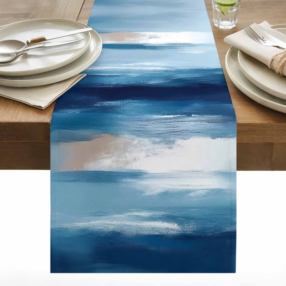 Blue Ocean Table Runner 13x108 inch Retro Watercolor Ripple Cotton ...