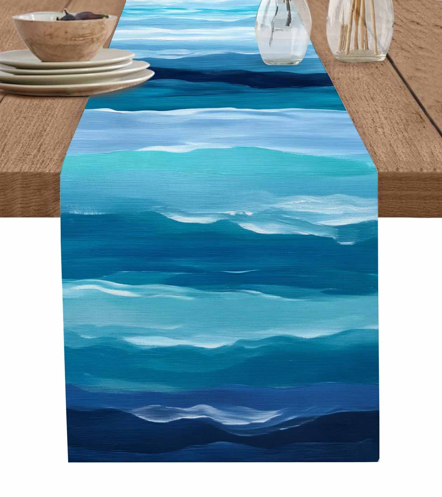 Blue Ocean Table Runner 60 Inches, Beach Blue Green Stripes Waves ...