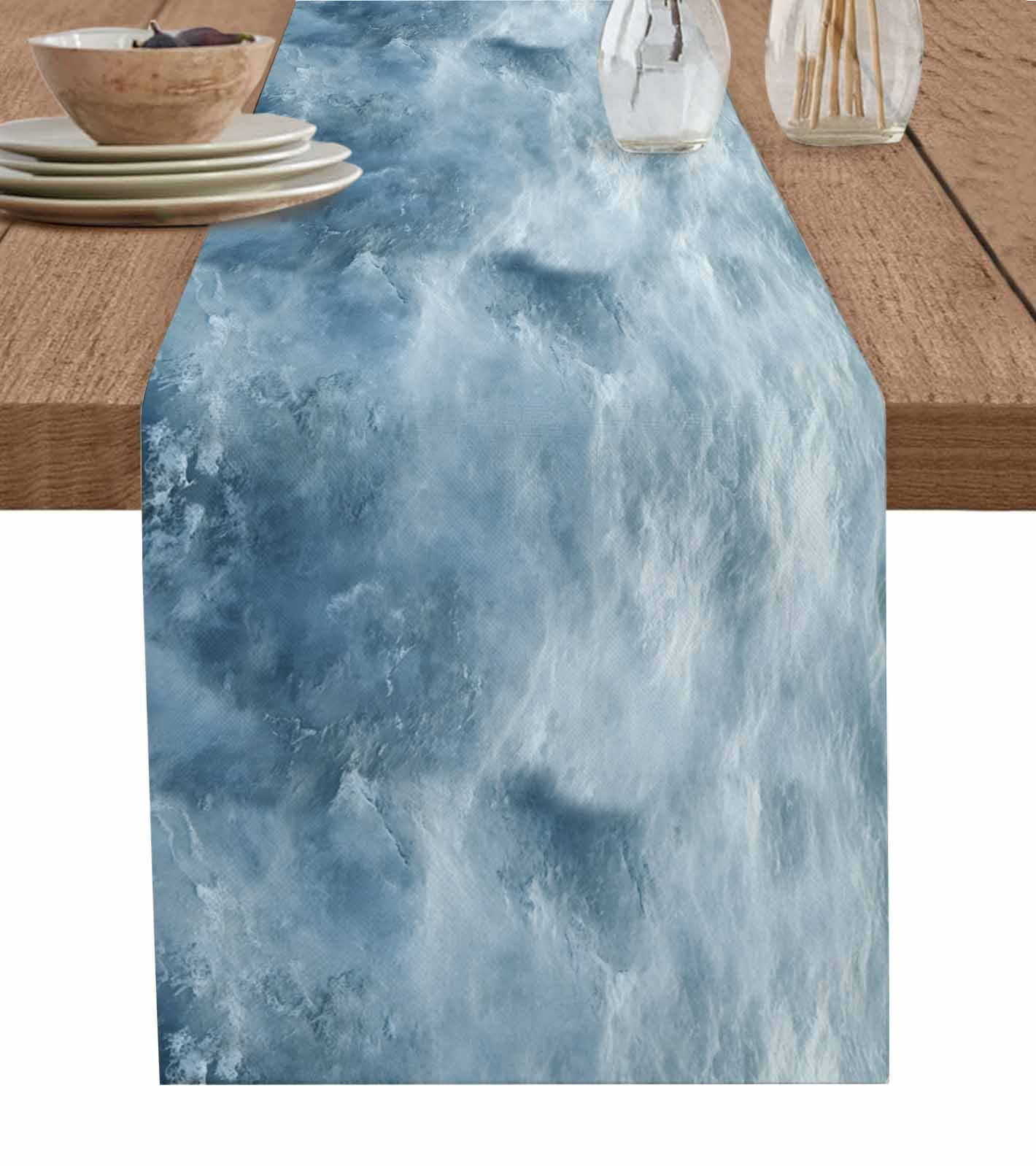 Blue Ocean Table Runner 72 Inches, Modern Waves Monochrome Sea Shore ...