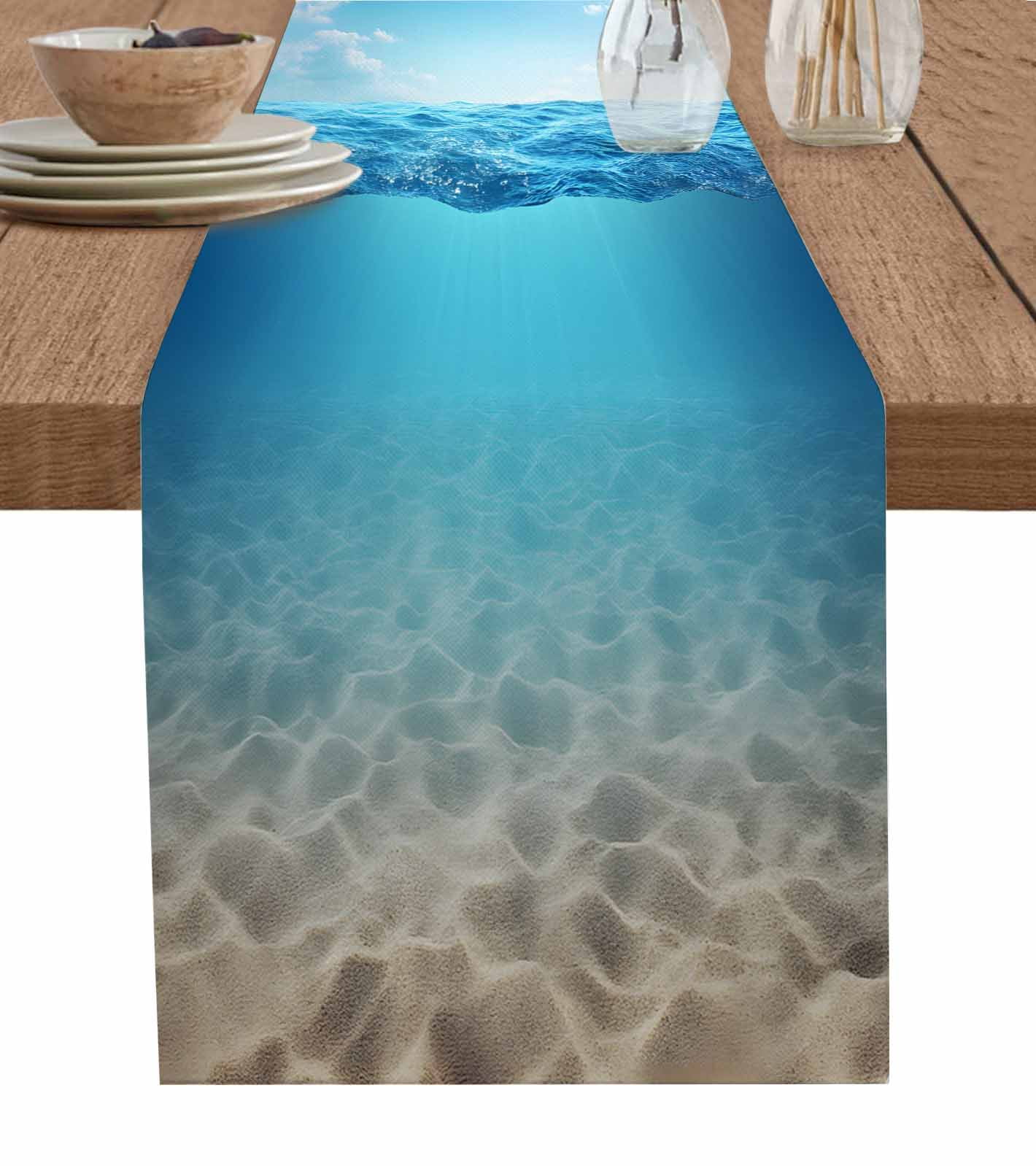 Blue Ocean Table Runner 72 Inches, Summer Beach Sky Waves Sandy ...