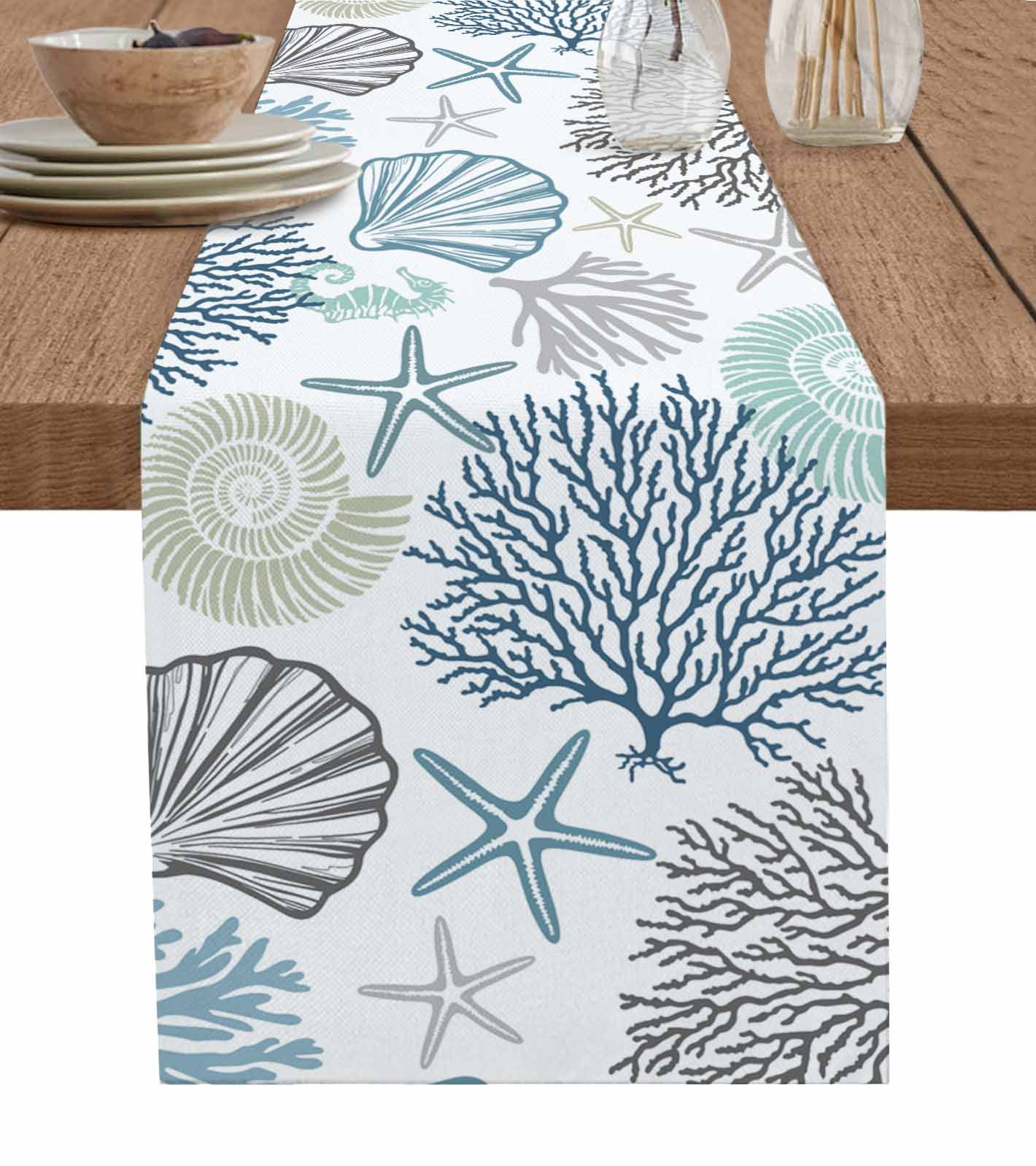 Blue Ocean Table Runner Coastal Coral Starfish Shell Conch Seahorse ...