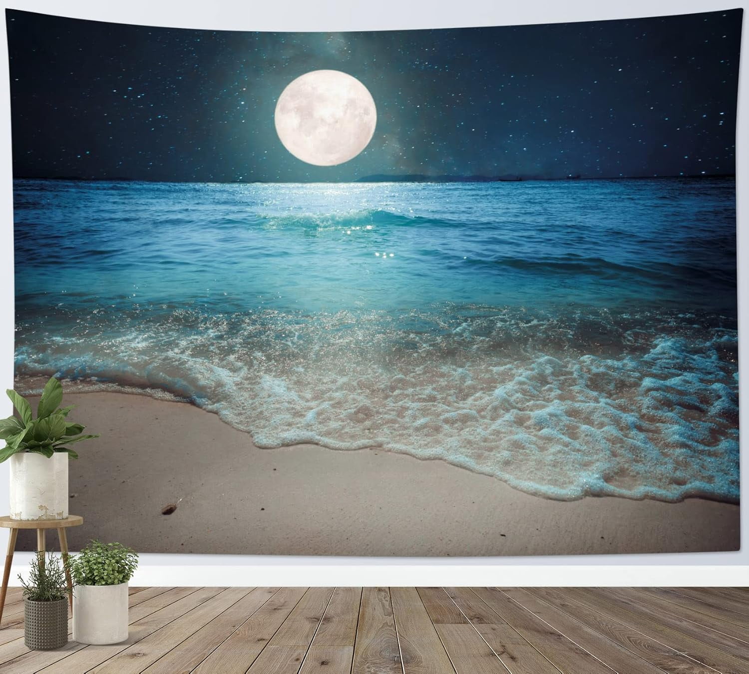 Blue Ocean Tapestry Bright Moon in Night Sky Tapestry for Bedroom ...